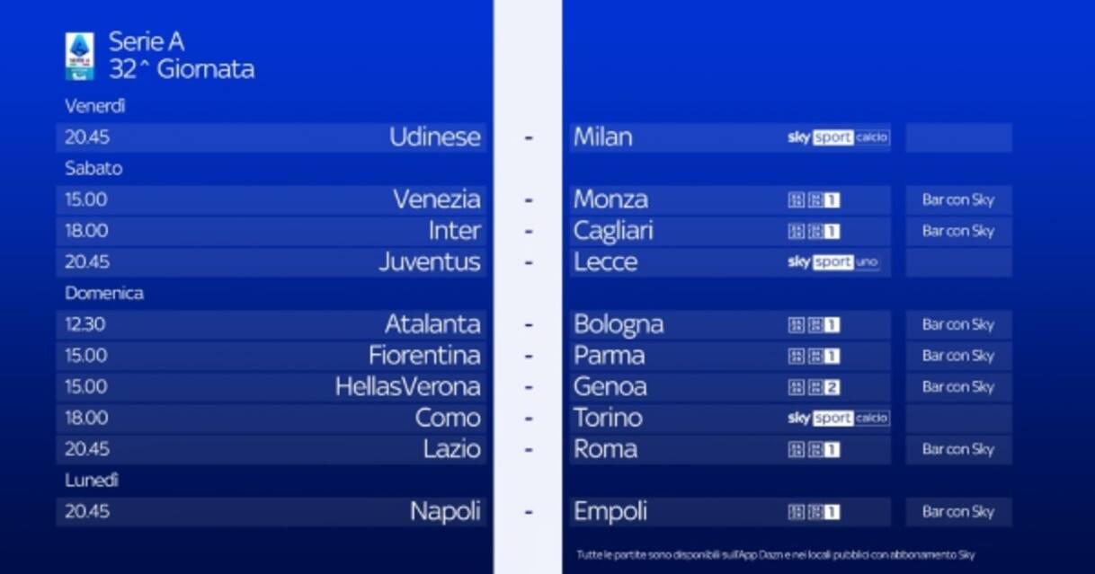 Serie A, 32^ giornata: le partite, dove vederle e gli arbitri | Sky Sport